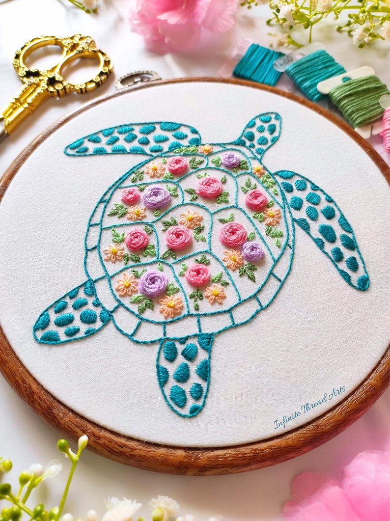 Floral Turtle Hand Embroidery Pattern: Modern DIY Hoop Art (PDF Pattern ...