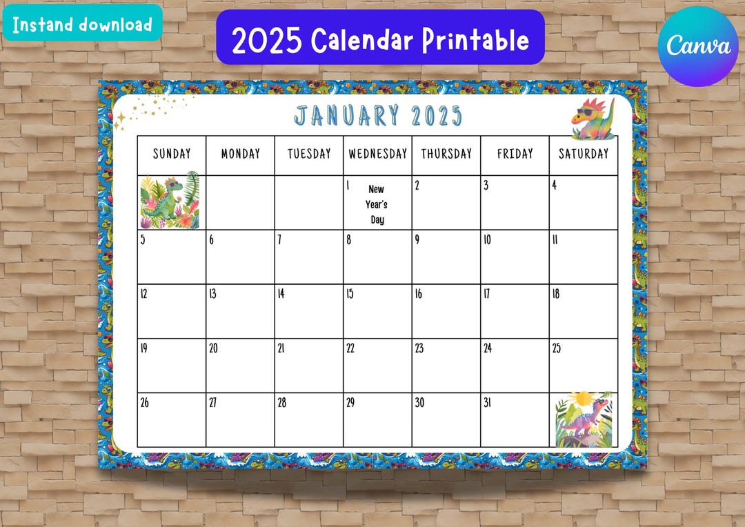 2025 Printable Kids Calendar Dinosaur Kids Calendar 2025 Wall Calendar ...