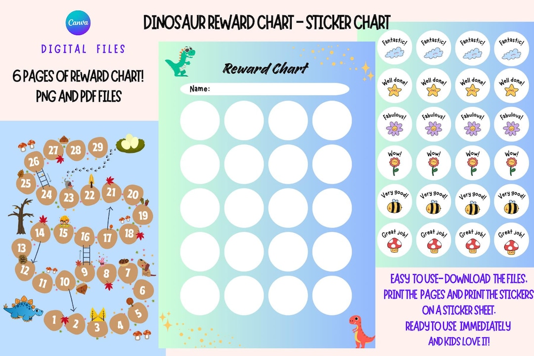Dinosaur Stickers Chart Reward Sticker Chart Toddler Preschool Kids ...
