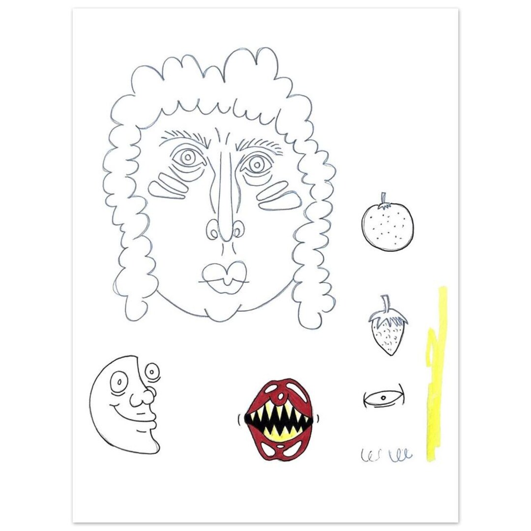 Random Doodle Art Poster, Lowbrow Whimsical Faces & Fruits, Weirdcore ...