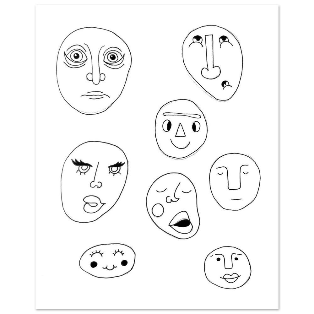Poster of Hand-drawn Faces, Doodle Art Print, Black and White Faces ...