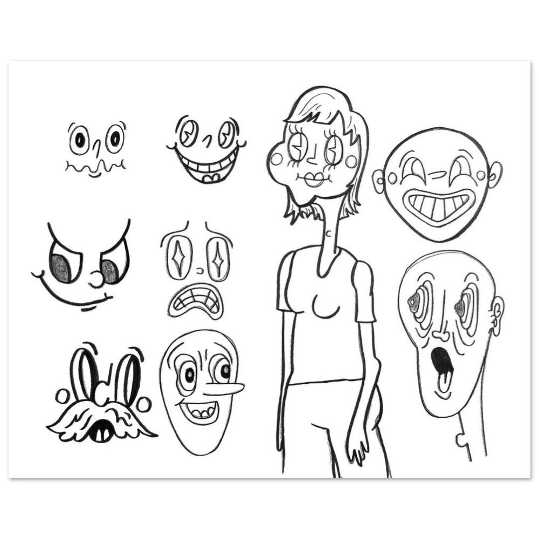 Whimsical Cartoon Line Drawing Poster of Character Faces, Original Art ...