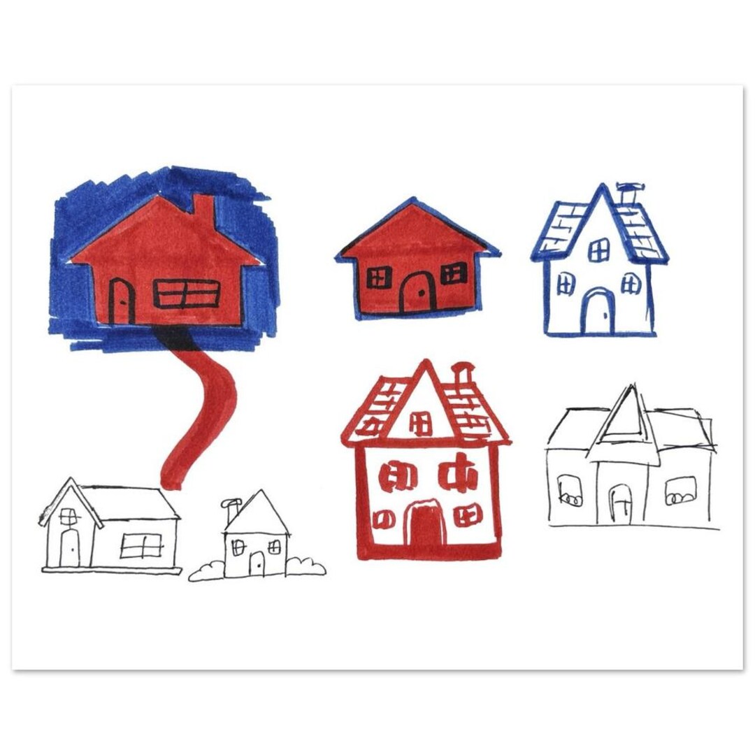 Charming Drawing of 7 Cartoon Houses, Lowbrow New School Wall Decor ...