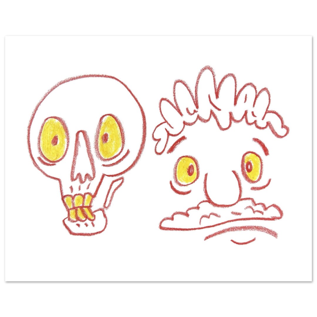 Orange Skull & Mustache Face Art Print - Lowbrow Cartoon Style by ...