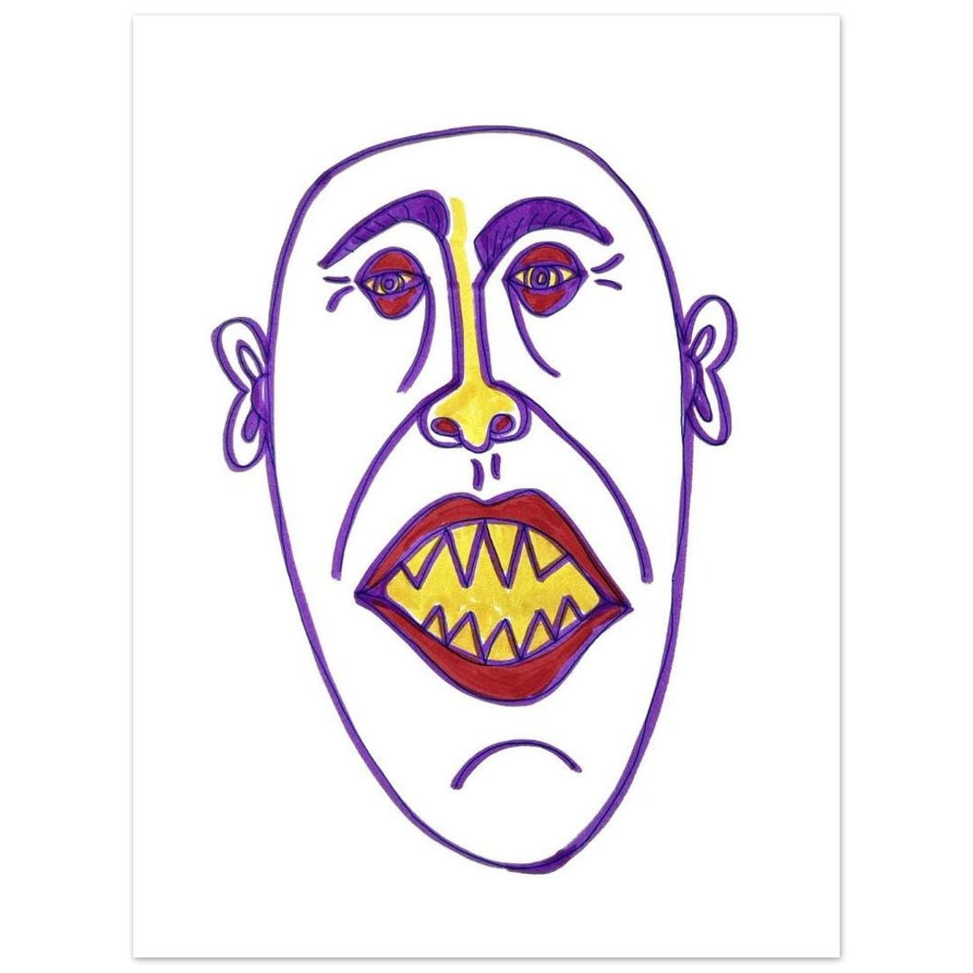 Colorful Cartoon Face Art Print - Line Drawing With Big Teeth - Lowbrow ...