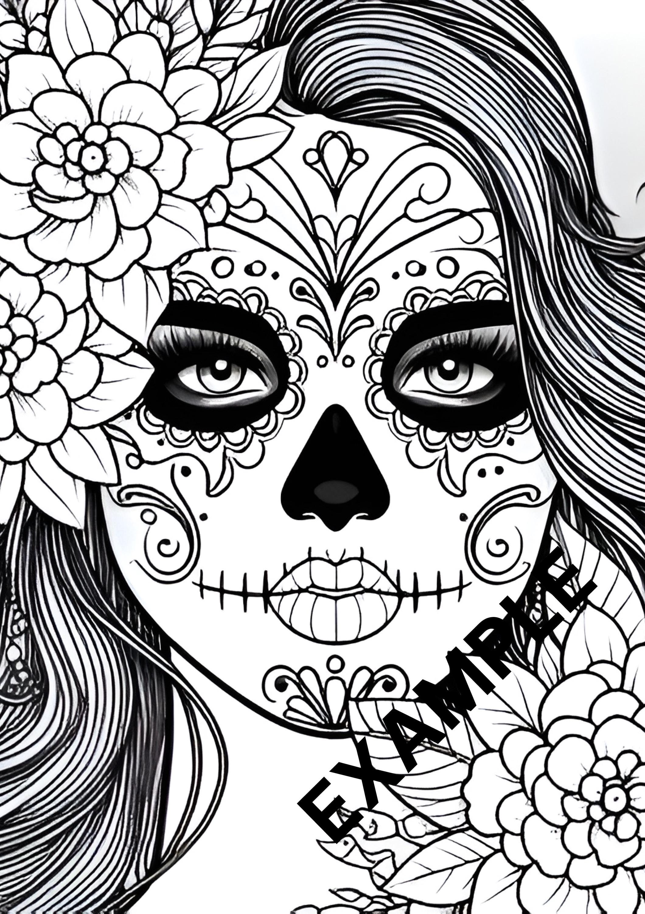 Day of the Dead Catrina Coloring Page. Beautiful Woman Skull Mask Line ...