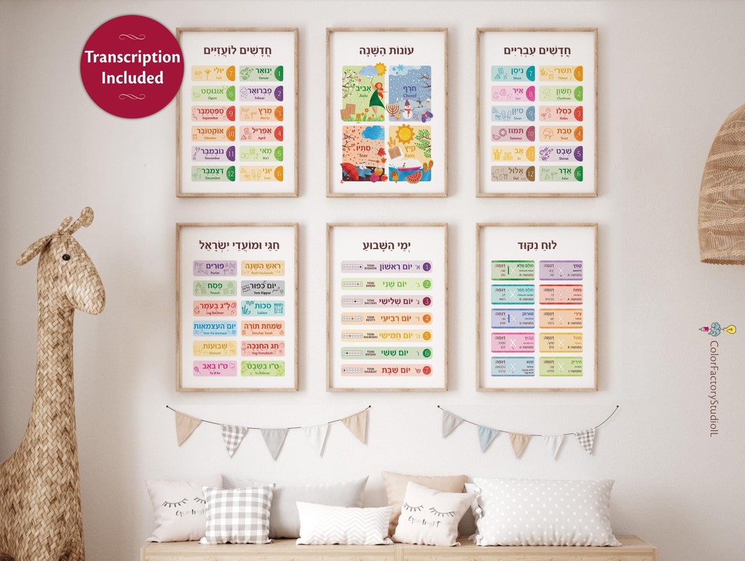 Hebrew Learning Posters, Set of 6 Jewish Classroom Educational Prints ...