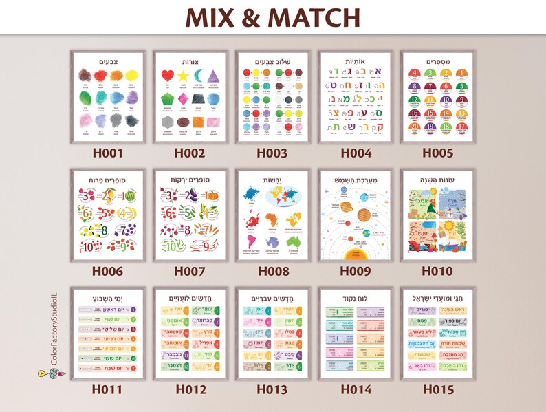 Hebrew Learning Posters, Set of 6 Jewish Classroom Educational Prints ...