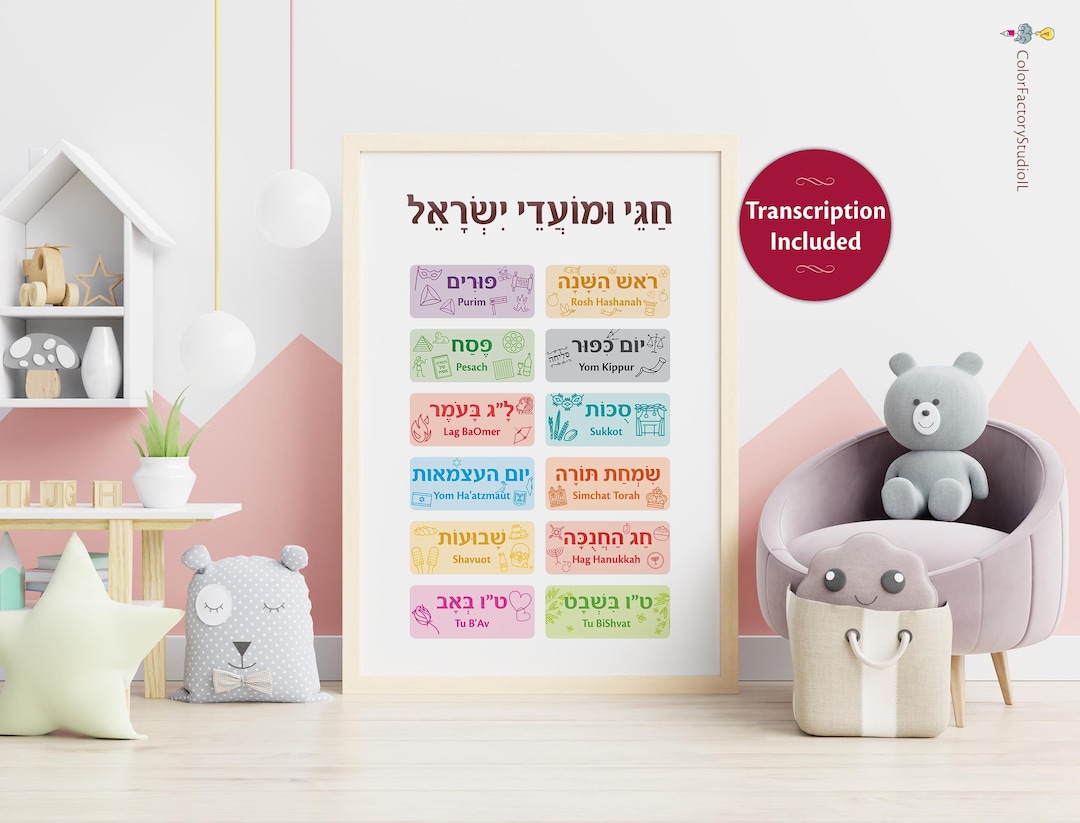Hebrew Learning Poster, Jewish Holidays Print for Classroom, Hebrew ...