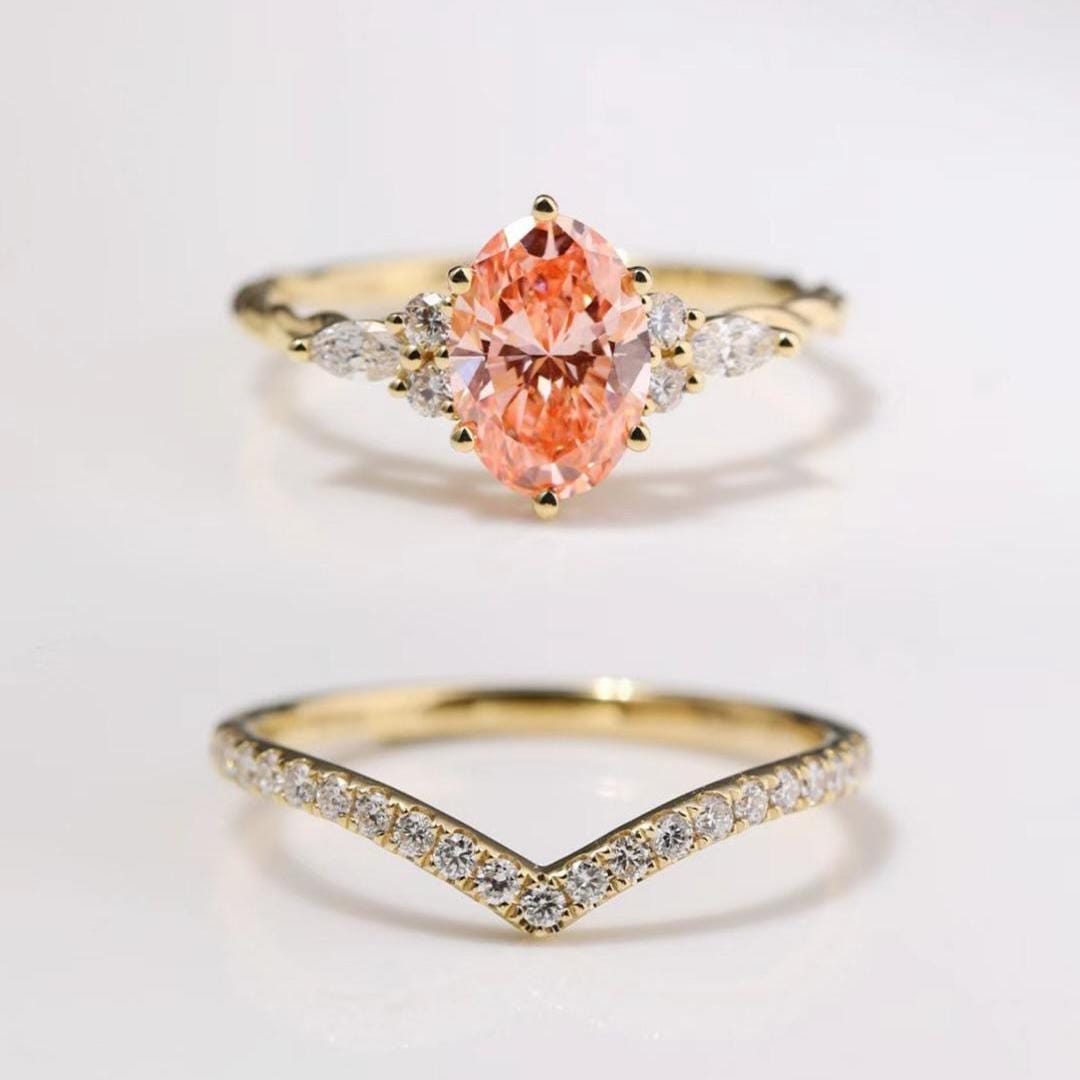 Peach Oval Moissanite Engagement Ring Set, Marquise Side Stones, V Band ...
