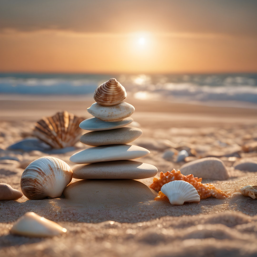 Balancing STONE SEASHELL Zen Wall ART, Beach Pebble Stone Stacked Rocks ...