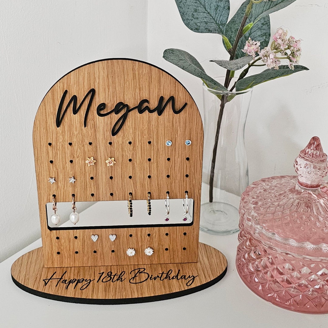Personalised Earring Stand for Stud, Hoop and Dangle Earrings Wooden ...