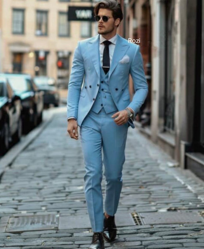 Men Suits 3 Piece Slim Fit Wedding Groom Party Wear Coat Pant, Sky Blue ...