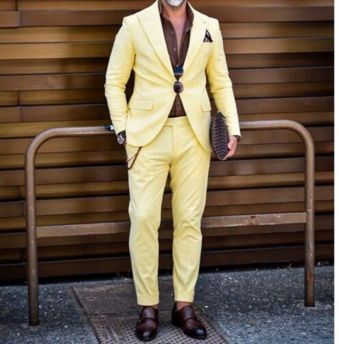 2 Piece Plain Slim Fit Yellow Men Suit, Pointed Collar, Double Slit ...