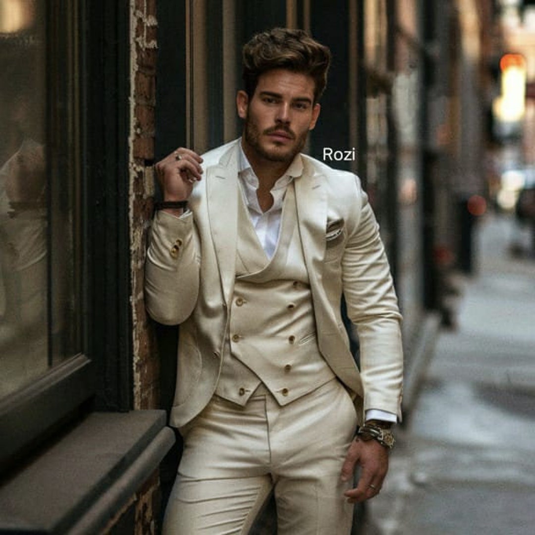 Men Classy 3 Piece Cream Suit Men Slim Fit Classic Suits,men Formal Fashion Wedding Groom Wear ...