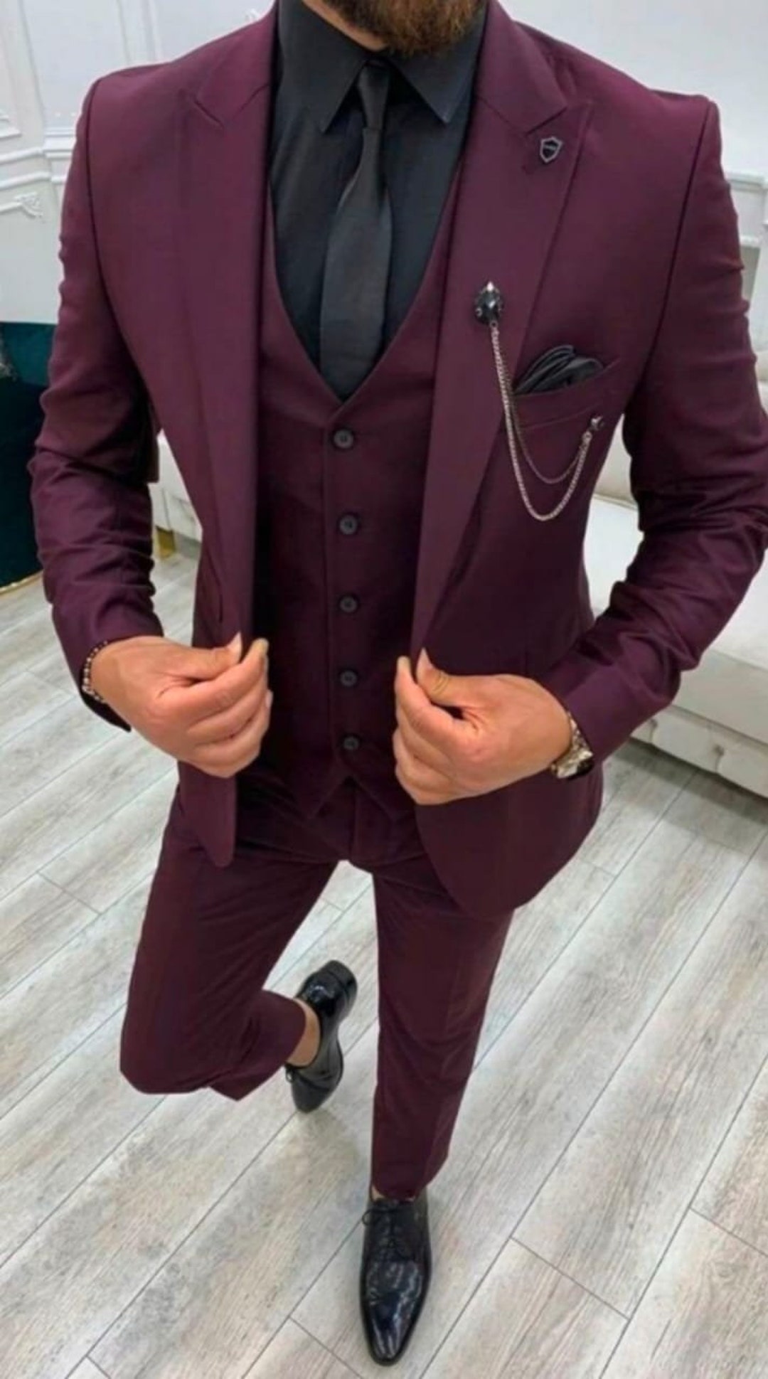Suits for Men Burgundy, Men Suits 3 Piece, Slim Fit Suits, One Button ...