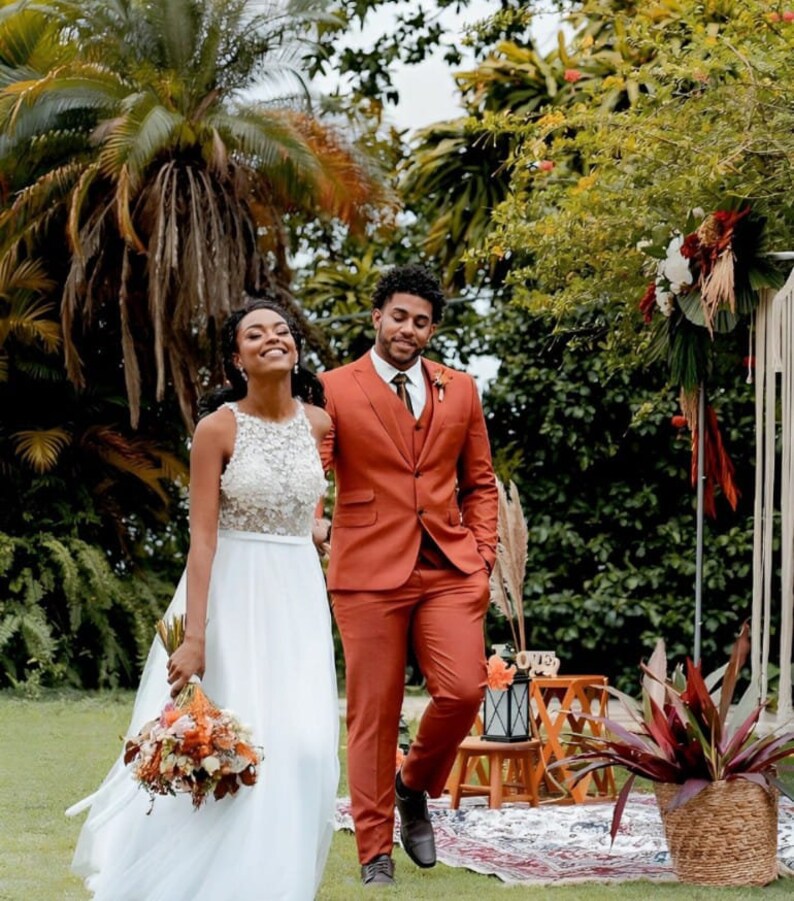 DINNER PARTY, Rust Orange 3 Piece Tuxedo Wedding Indian Formal Groom ...