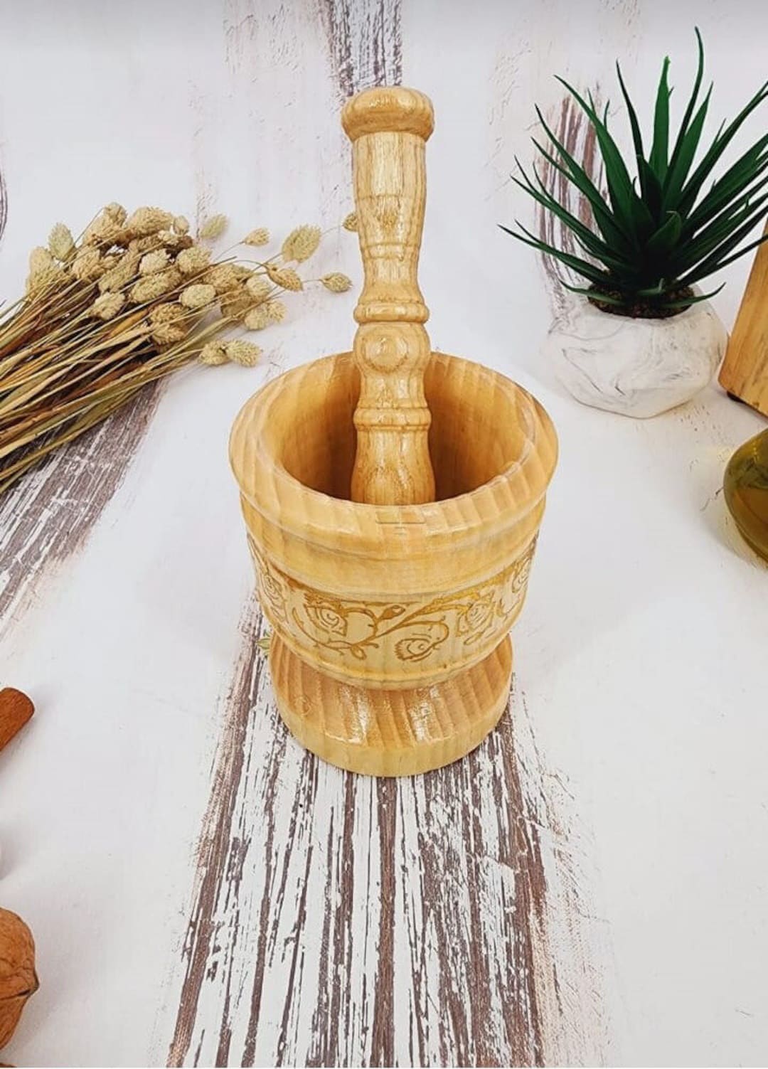 Embroidered Cylinder Wooden Mortar and Pestle Set,wood Garlic Smash ...