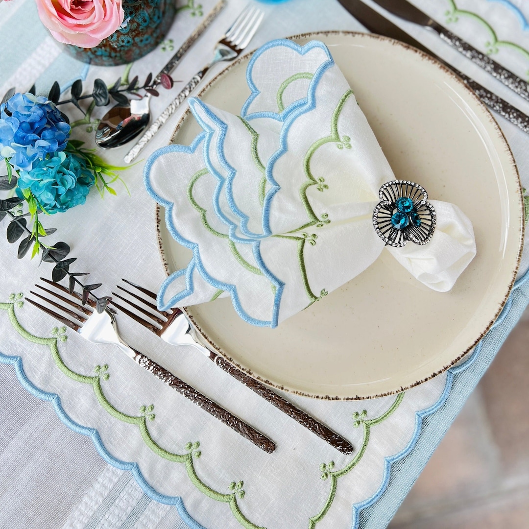 Blue & Green Fan Linen Placemats for Farmhouse | Rustic Dining Table ...