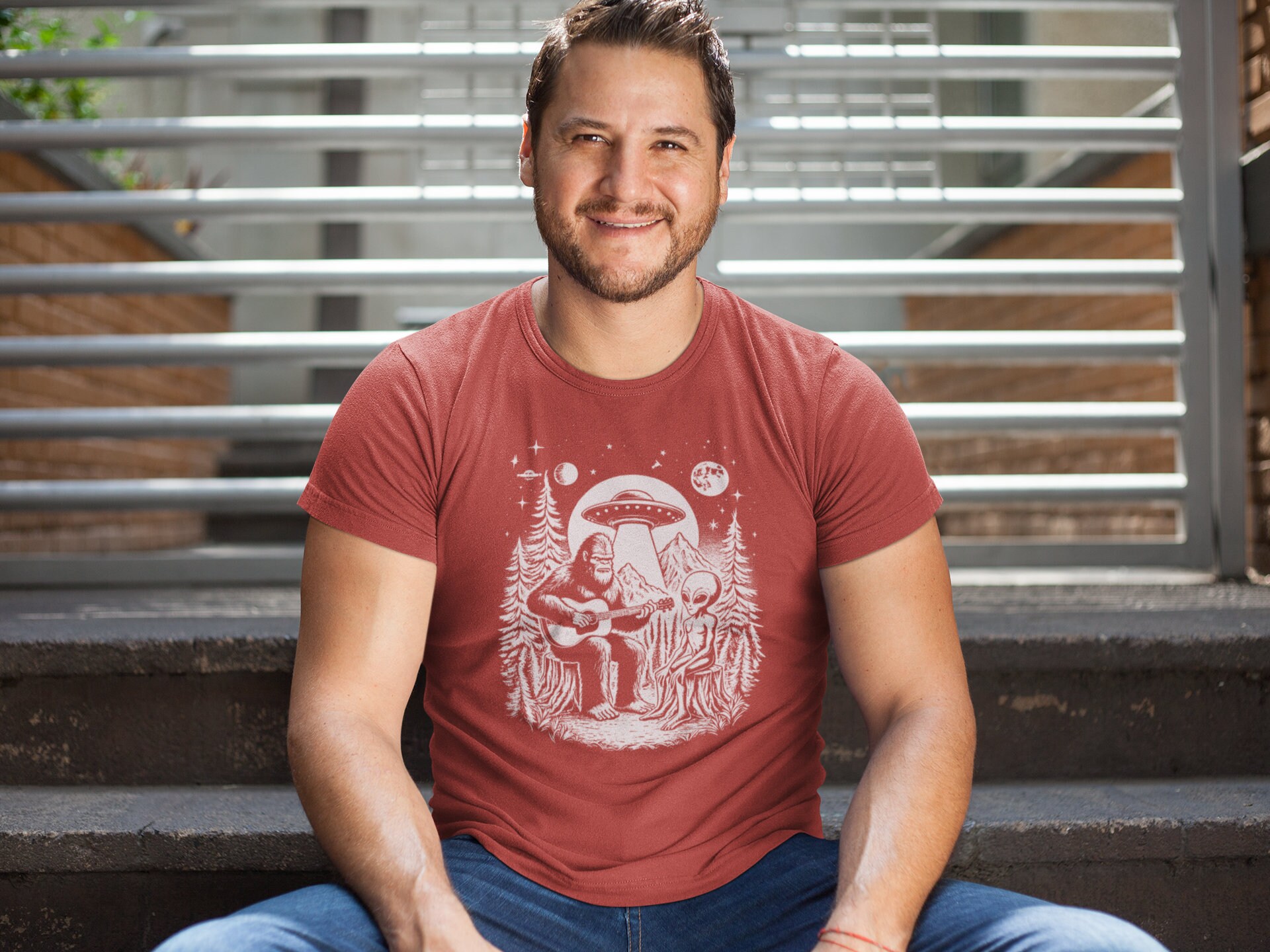 Bigfoot Play Guitar With Alien and UFO Shirt, Bigfoot and Alien Shirt ...