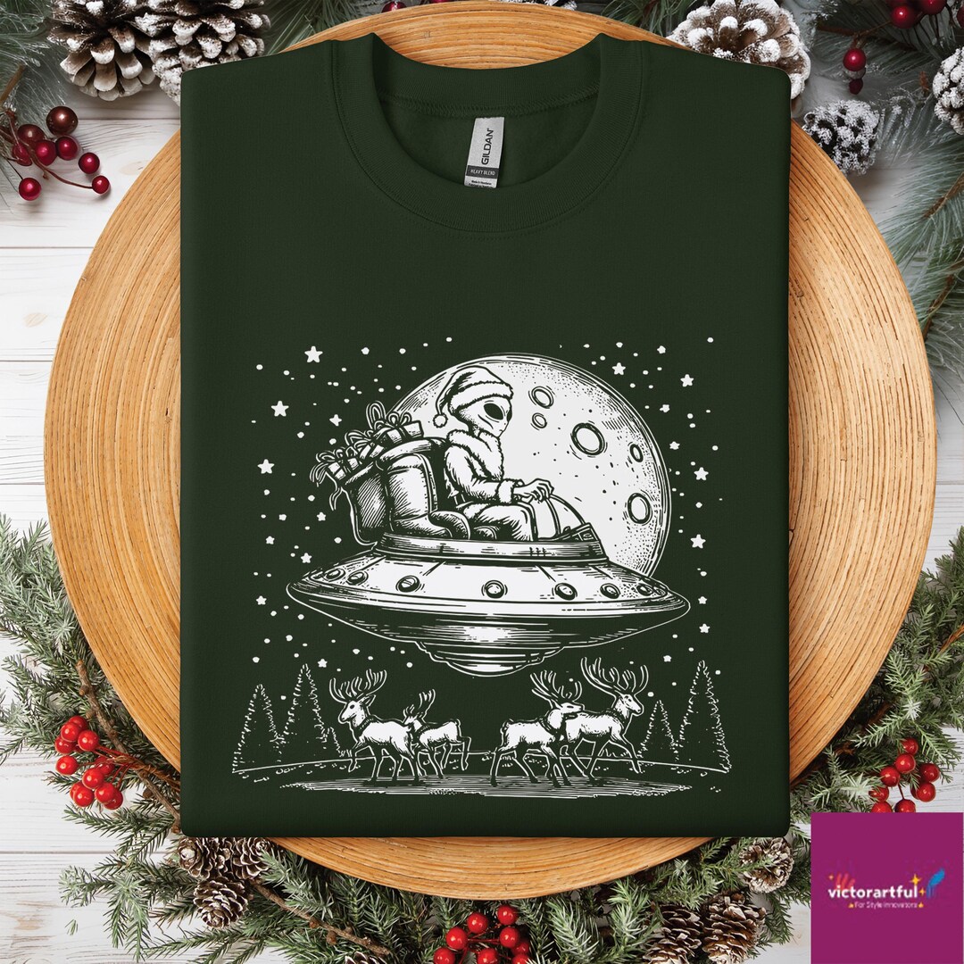 Vintage Alien Santa Claus and UFO Sweatshirt, Sci-fi Alien Santa Claus ...