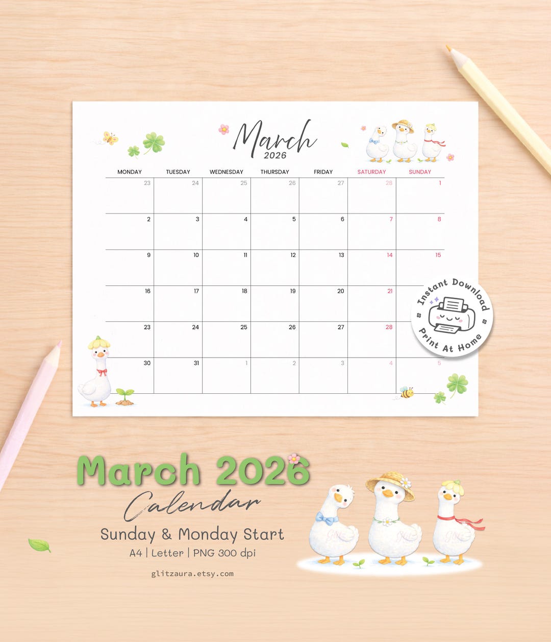 March 2026 Calendar, Spring Ducks, A4 US Letter Monday & Sunday Start ...