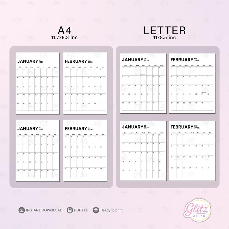 Minimalist 2026 Printable Calendar • Vertical Layout • A4 and US Letter ...