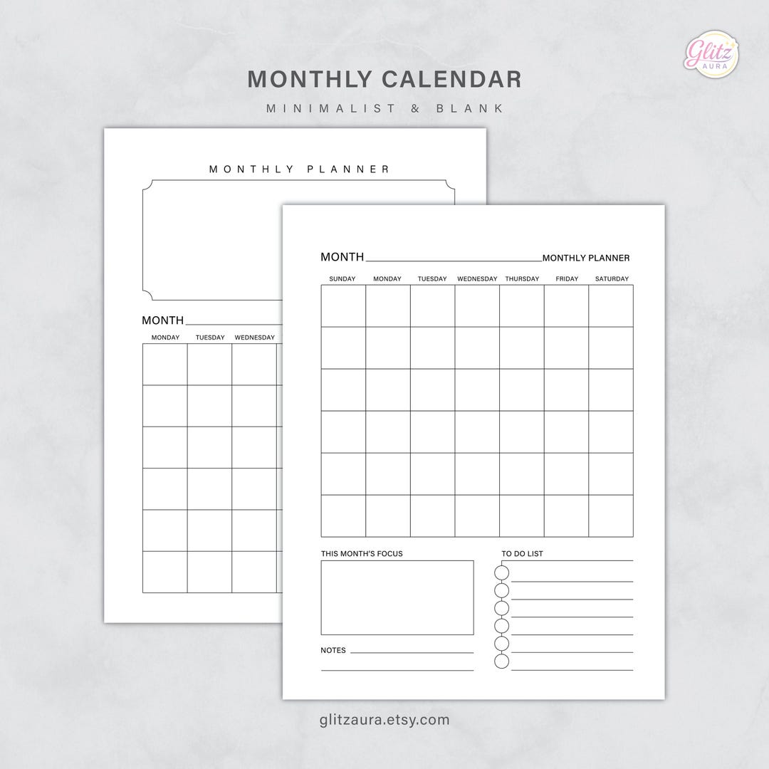 Blank Monthly Calendar Printable, Universal & Undated, Minimal Vertical ...