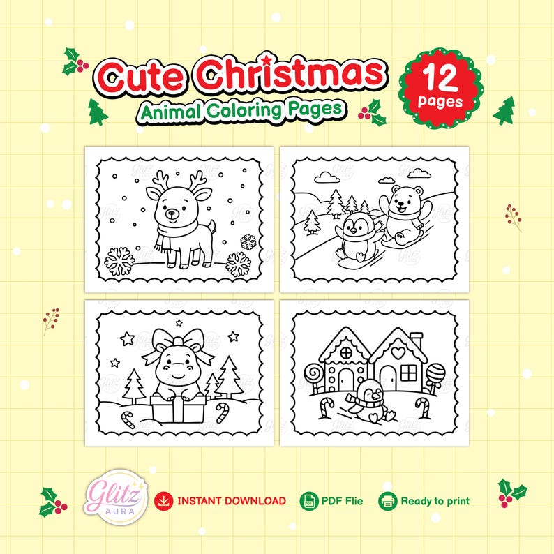 Christmas Animal Coloring Pages for Kids - Etsy