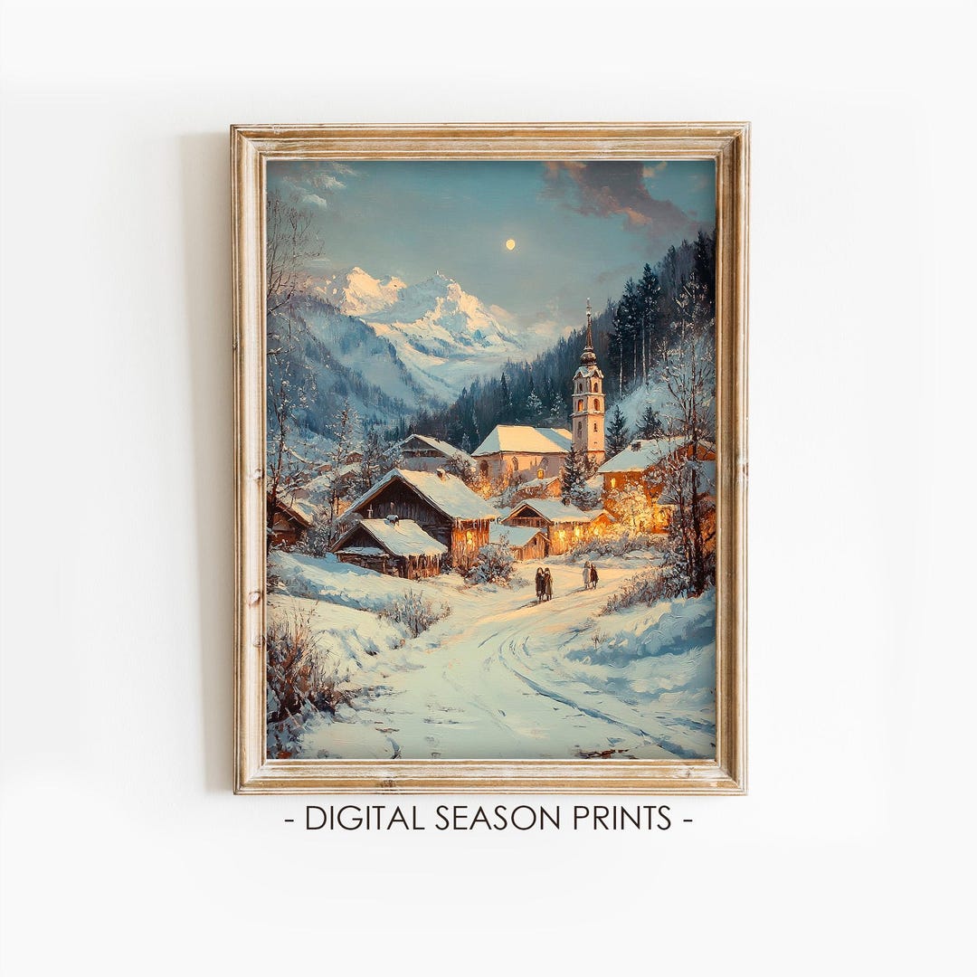 Silent Night Print, PRINTABLE Christmas Village Wall Art, Snowy Winter ...