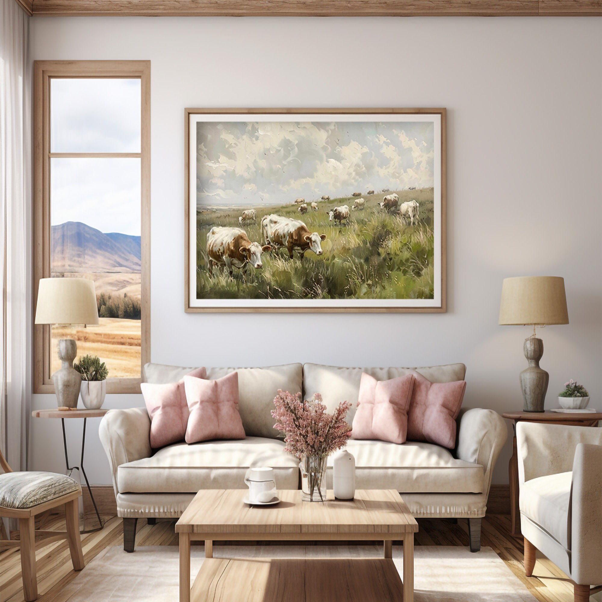 Cattle Pasture Printable Wall Art, Countryside Field With Grazing Cows ...