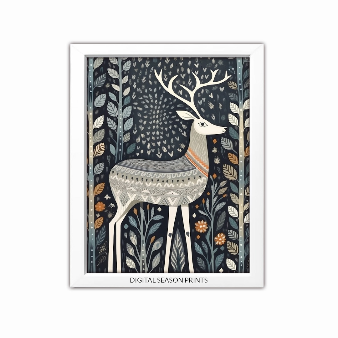 Nordic Deer Painting, Scandinavian Folk Art, Swedish Christmas Print ...