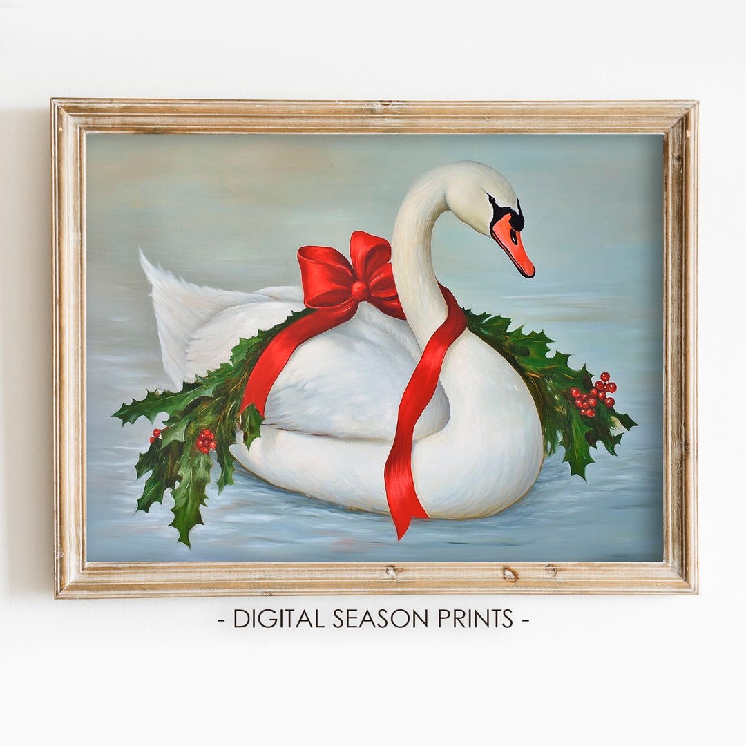 Christmas Swan With Pine and Red Bow Print, Printable Holiday Vintage ...