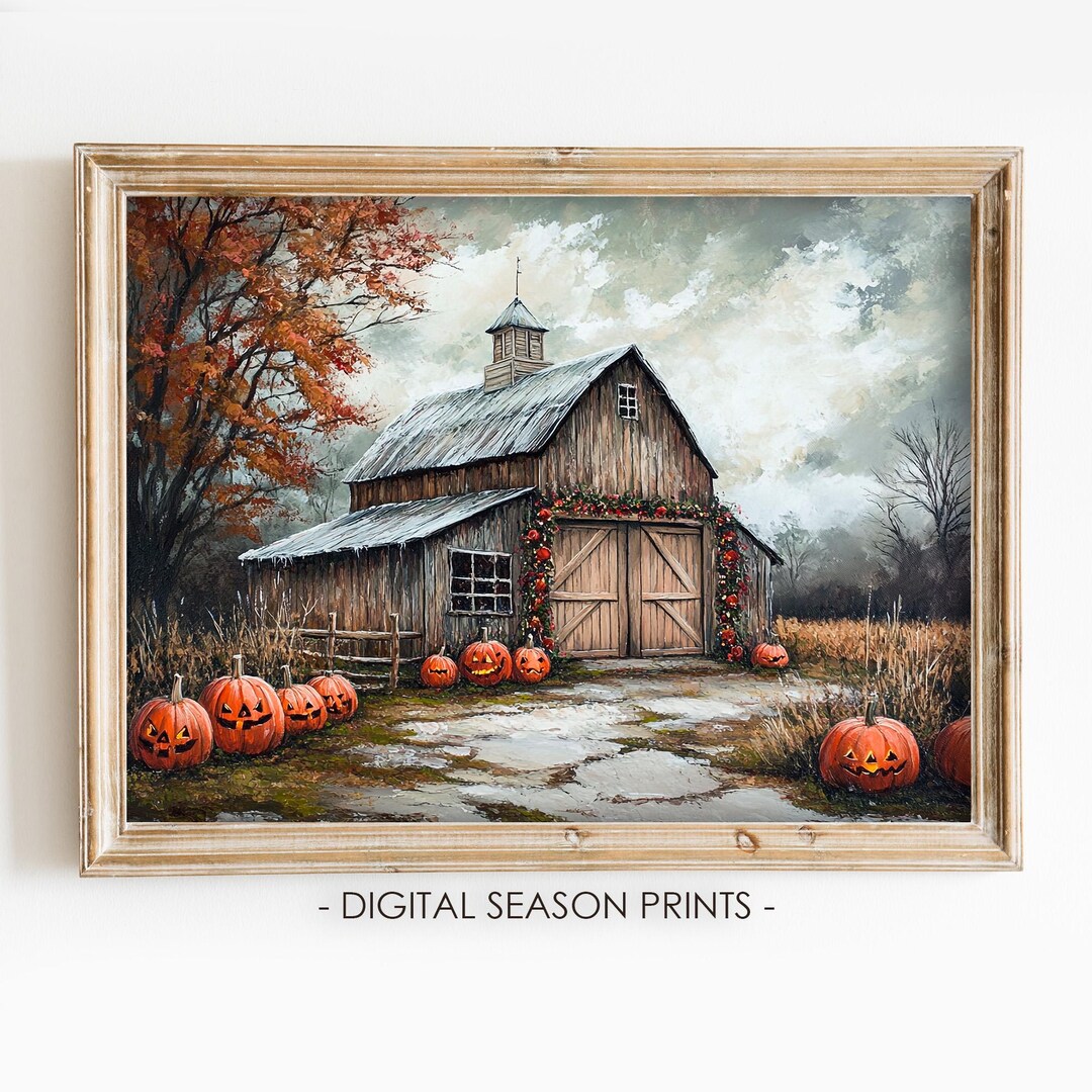 Printable Cottagecore Halloween Wall Art, Barn Print, Pumpkin Farmhouse ...