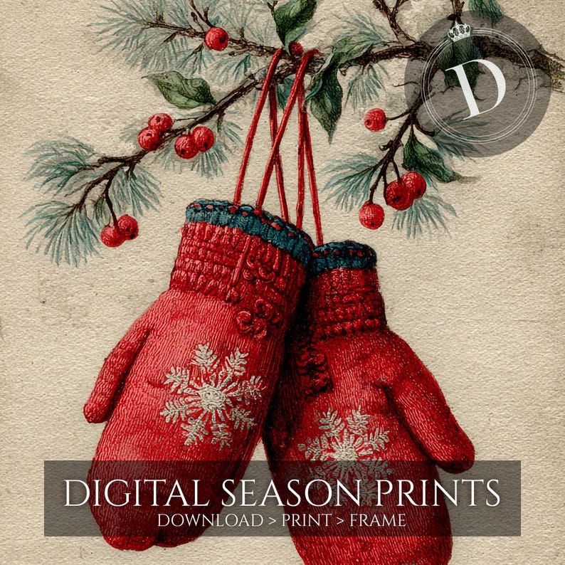 Christmas Mittens Printable Wall Art, Vintage Winter Holiday Print ...