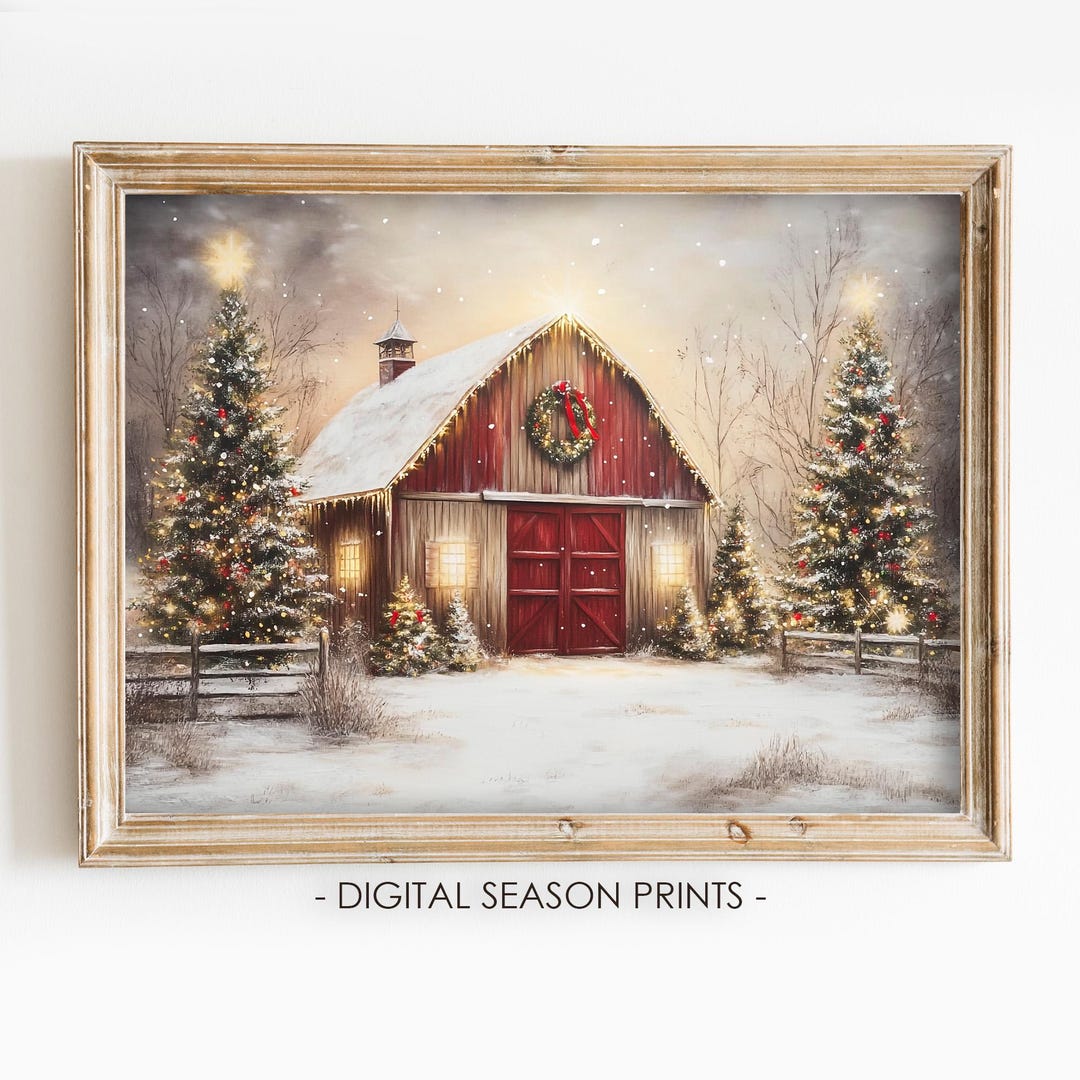 Christmas Barn Printable Wall Art, Rustic Red Barn With Trees Winter ...