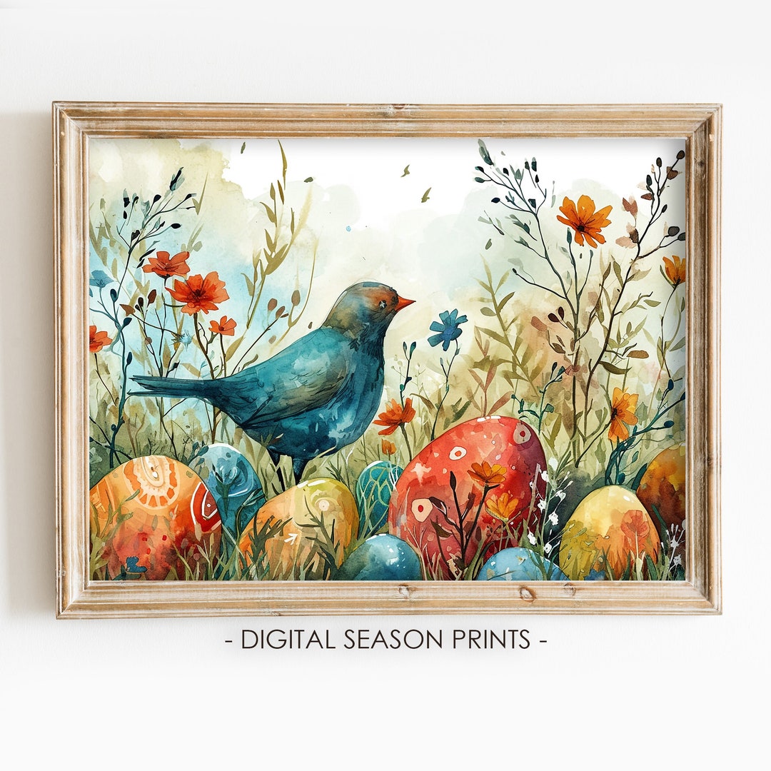 Easter Bird Egg Print, Spring Flowers Painting, Digital Wildflowers Art ...