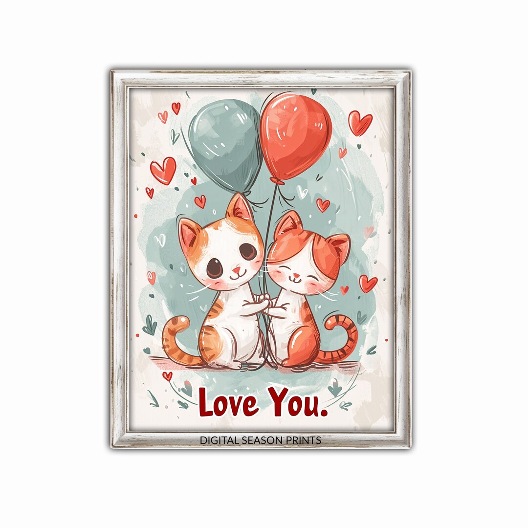 I Love You Valentine Day Cats Couple Print, Printable Romantic Room ...