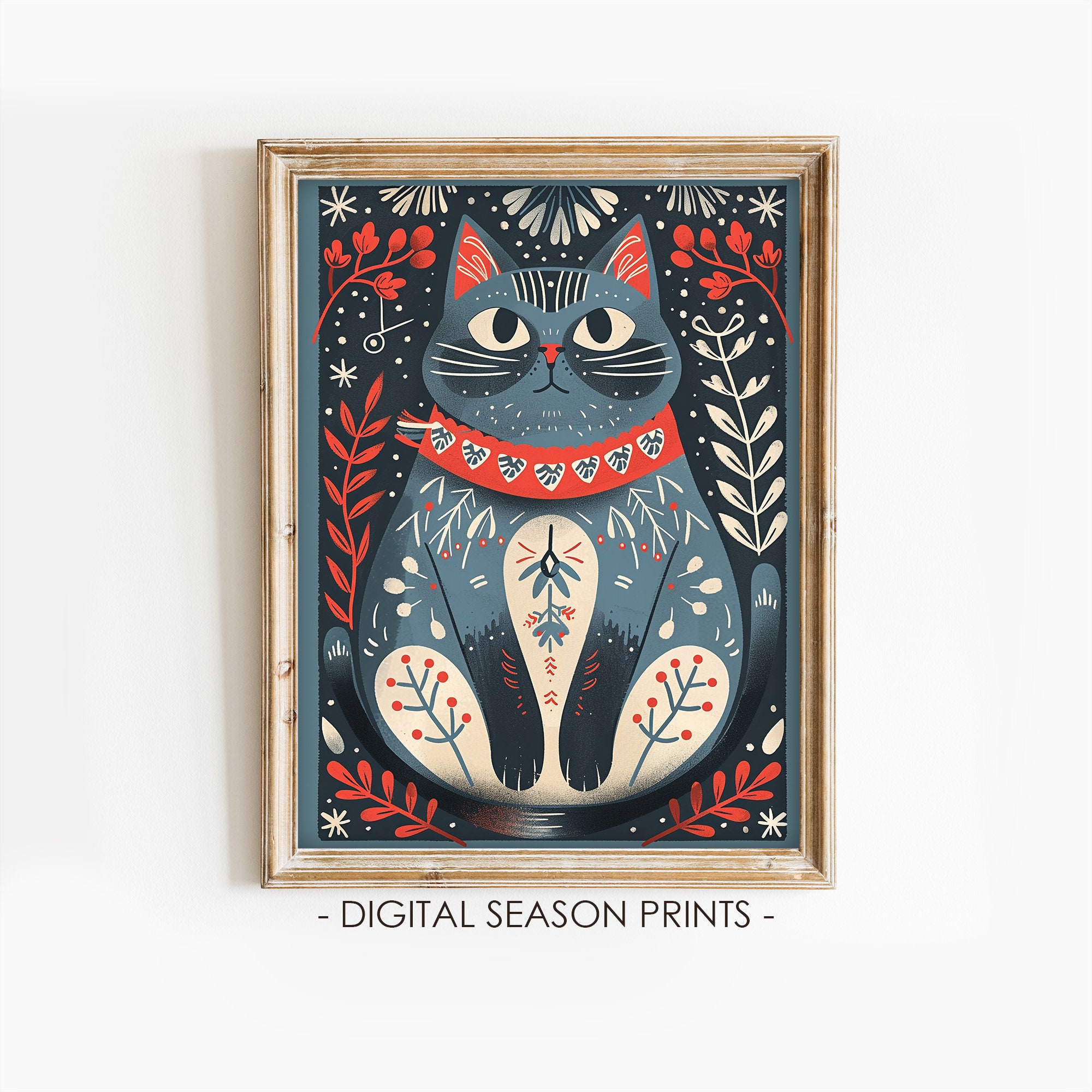 Scandinavian Folk Art, Cat Folk Art Print, Animal Nordic Folk Art ...