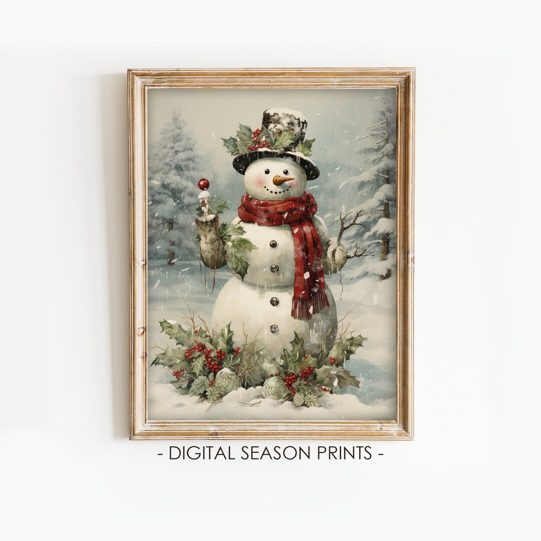Snowman Wall Art Print, Rustic Christmas Winter Holiday Scene, Digital ...