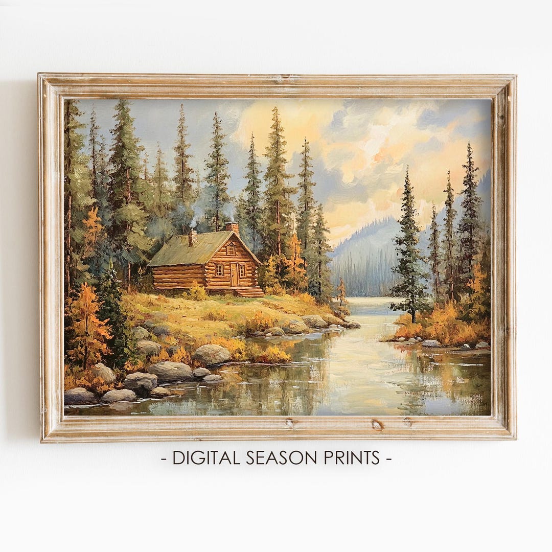 Rustic Fall Cabin Painting PRINTABLE Country Autumn Landscape Wall Art ...