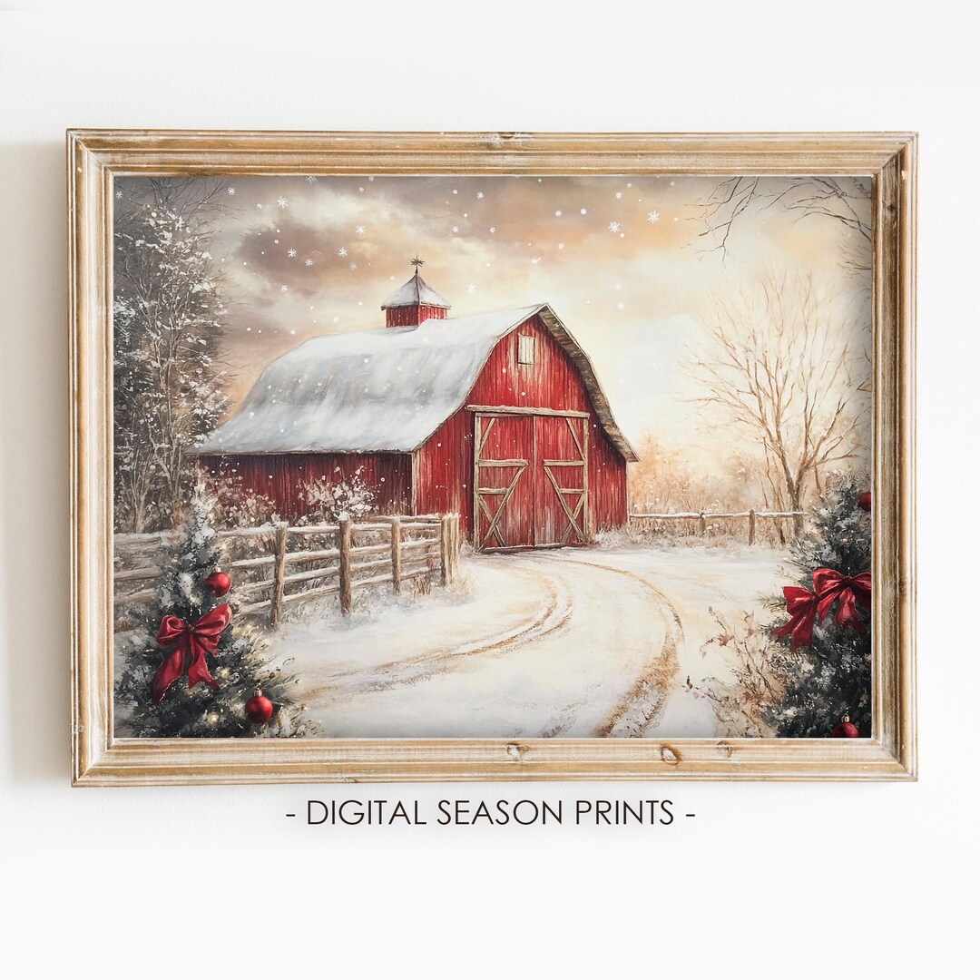 Christmas Red Barn Wall Art, Printable Farmhouse Decor, Rustic Snowy ...