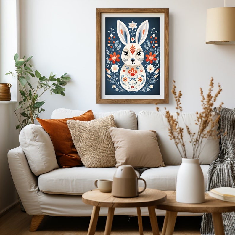 Nordic Bunny Painting, Scandinavian Folk Art, Rabbir Swedish Print ...