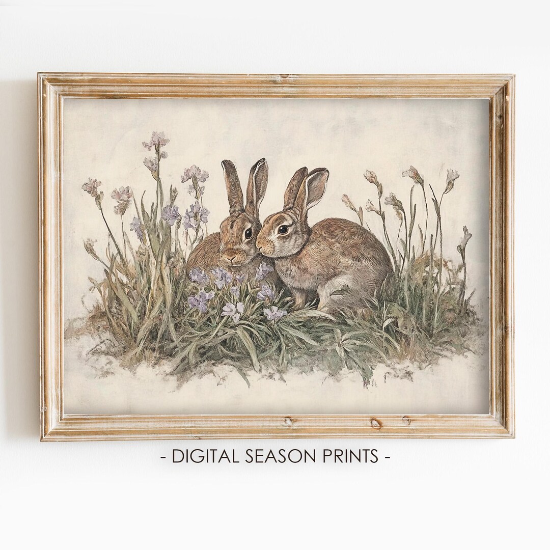 Two Rabbits in Grass Print, Printable Vintage Animal Wall Art in Irises ...