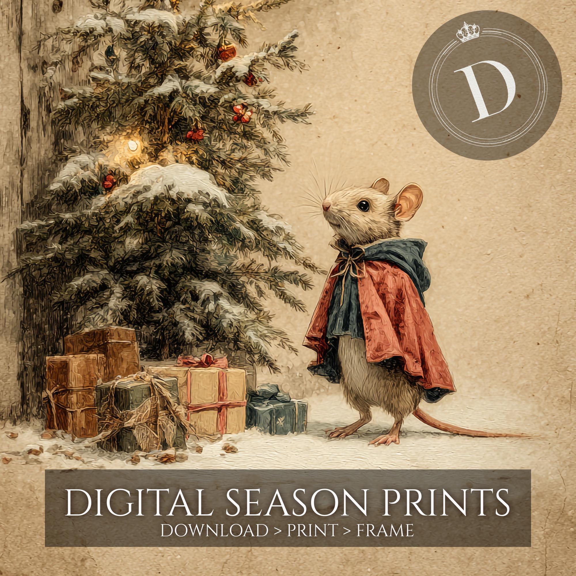 Christmas Mouse Printable Wall Art, Vintage Holiday Animal Scene Print ...