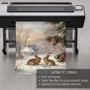 Rustic Bunny Rabbit Print Printable Vintage Christmas Winter Landscape ...