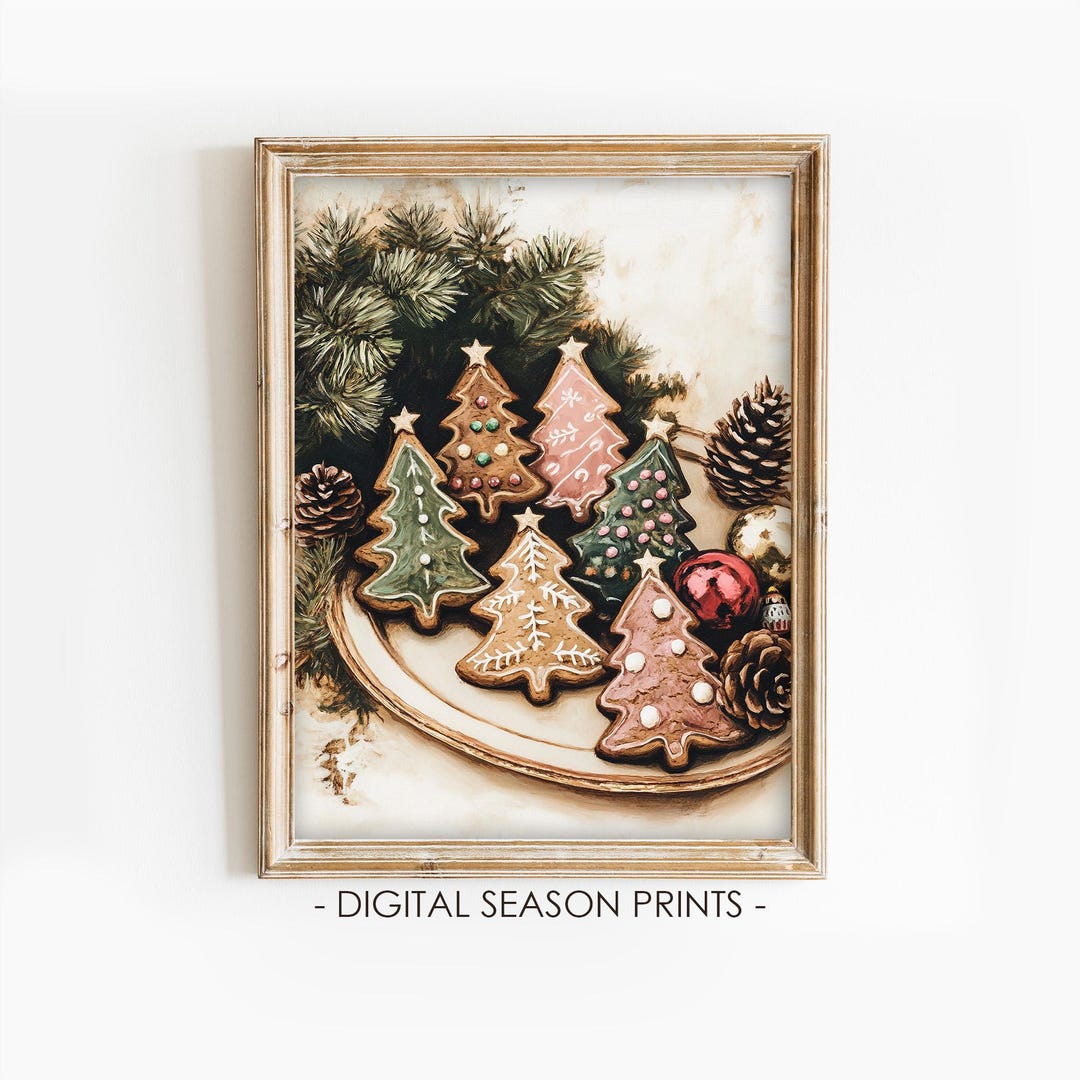 Gingerbread Tree Cookies Print, Printable Vintage Christmas Wall Art ...