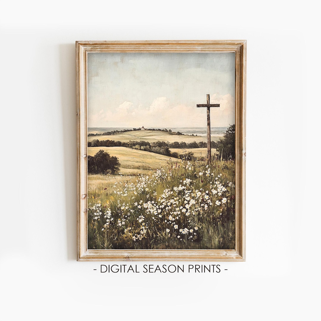 Serene Countryside With Cross Print, Printable Antique Oil Painting of ...