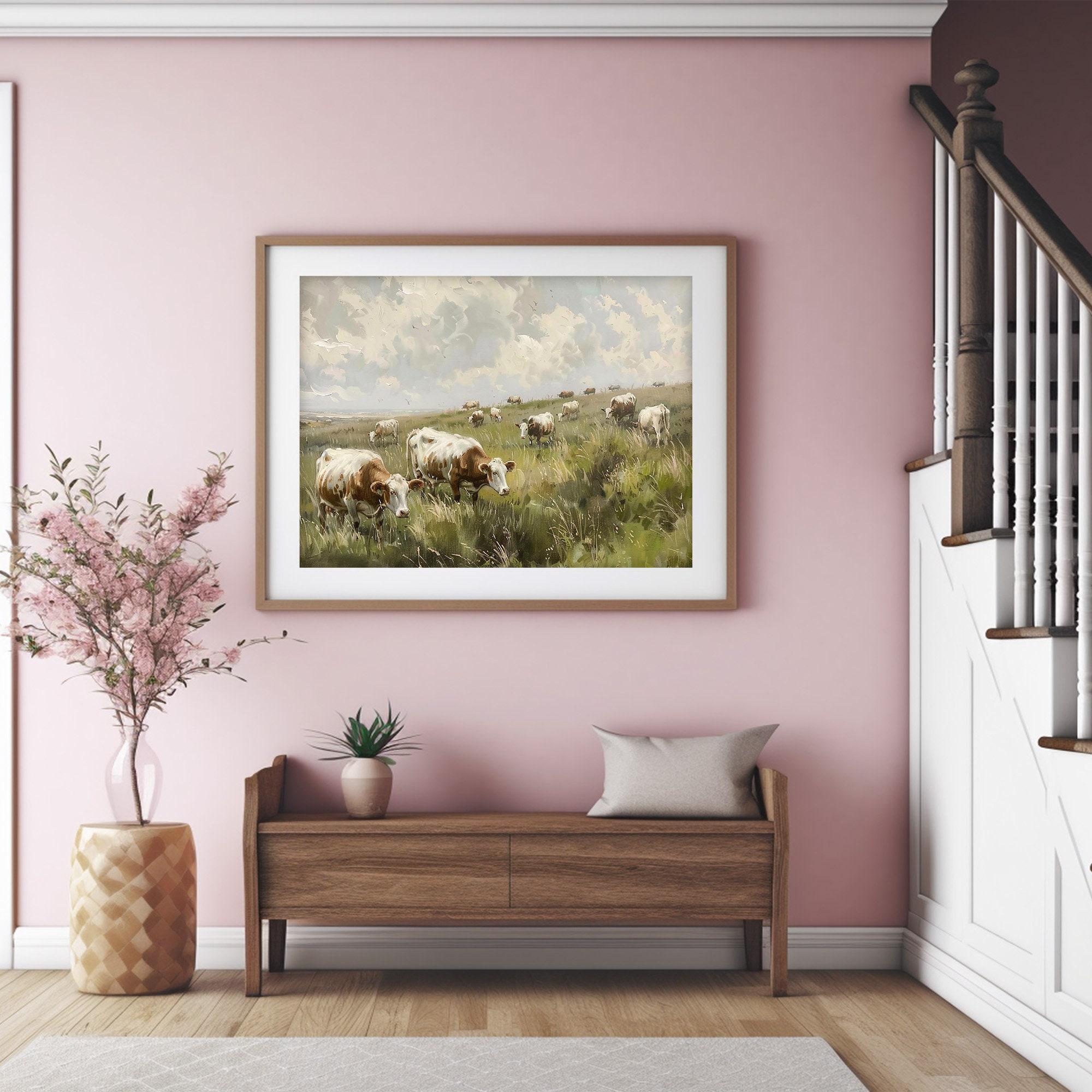 Cattle Pasture Printable Wall Art, Countryside Field With Grazing Cows ...
