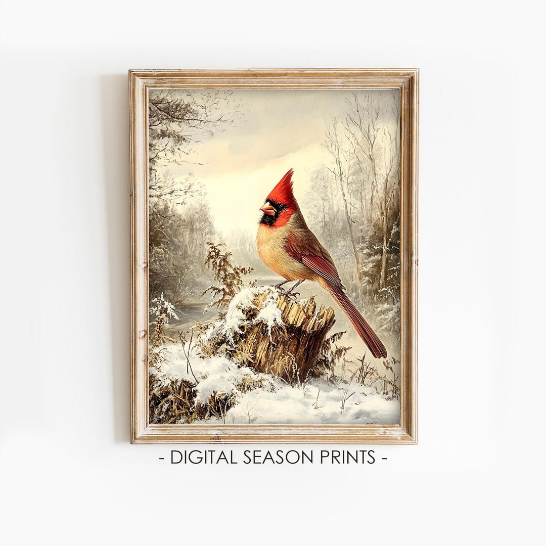 Winter Red Cardinal Print Printable Vintage Christmas Wall Art - Etsy